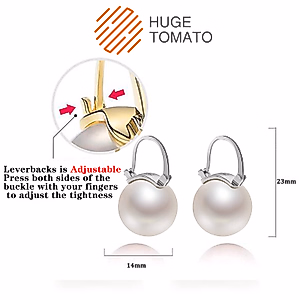 HUGE TOMATO Akoya White Pearl Drop Earrings, 14mm Elegant Big Pearl Earrings S925 Silver Pin Clasp for Women Fashion, Dangle Hoop Earrings for Gift