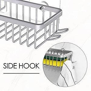 Linkidea Wall Mounted Shower Caddy Shelf with Hooks and Soap Holder, Aluminum Adhesive Shower Organizer Rack, No Drilling Shower Basket for Bathroom (Silver)