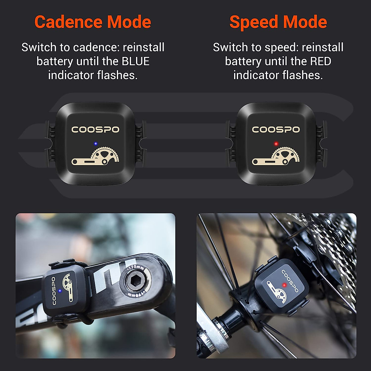 COOSPO Cadence and Speed Sensor, Bluetooth ANT+ Cycling Cadence Sensor Bike Speed Sensor, Wireless RPM Bicycle Cadence Sensor for Bike Computer/Rouvy/Peloton/Wahoo/CooSporide