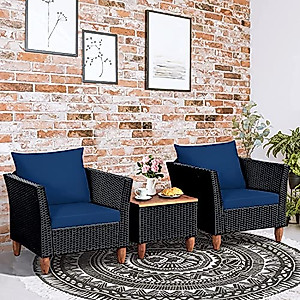 HAPPYGRILL 3 Pieces Patio Conversation Set PE Rattan Wicker Sofa Set with Cushions, Outdoor Furniture Set with Acacia Wood Coffee Table for Balcony Backyard Porch Garden