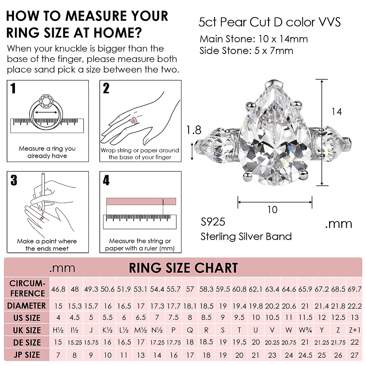 Michooyel S925 5.0ct Pear Cut Diamond Engagement Ring Cubic Zirconia Sterling Silver Wedding Ring Bridal Ring Band Fine Jewelry For Women