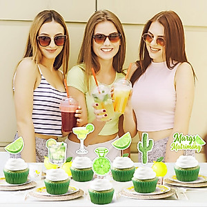 JOYMEMO 24 Pcs Margs & Matrimony Bachelorette Cupcake Toppers - Green Margarita Bridal Shower Decorations, Margaritas and Matrimony Bridal Shower Cake Decor for Mexican Fiesta Wedding Party