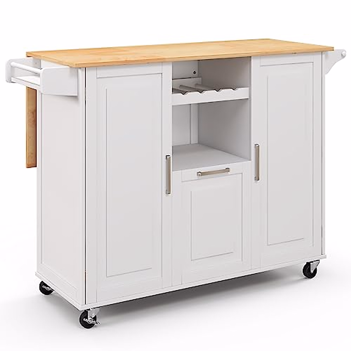 Giantex Mobile Kitchen Island with Drop Leaf, Rolling Island Table with Rubber Wood Top, Storage Cabinets, Deep Drawer, Wine Bottle Rack, Spice Rack, Serving Cart for Dining Room Bar (White)