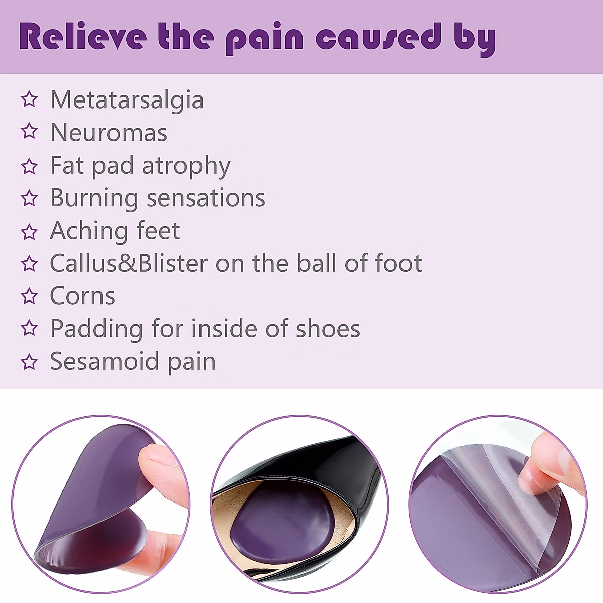 Mepase 8 Pieces Gel Ball of Foot Cushions Metatarsal Pads for Women and Men Clear Gel Ball of Foot Soft Metatarsal Cushioning Pain Relief with 1 Wood Box Storage(Purple)