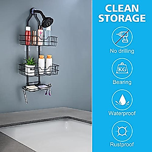 Hoomtaook Shower Caddy Over Shower Head Anti-Swing Shower Caddy Hanging Rustproof Shower Organizer, Shower Storage Rack with Hooks for Shampoo, Razor and Soap - Black