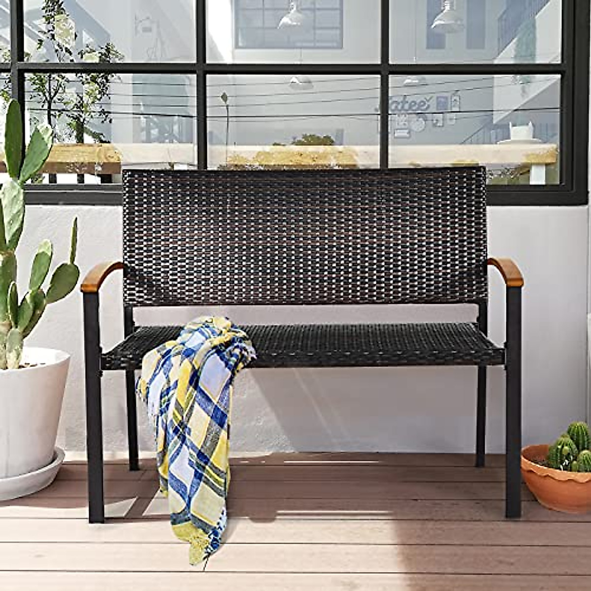 Tangkula Patio Wicker Bench, All Weather Rattan Bench w/Acacia Wood Armrest, Outdoor Loveseat Chair, Lightweight Patio Stackable Dining Bench for Front Porch, Backyard, Lawn, Garden, Pool, Deck