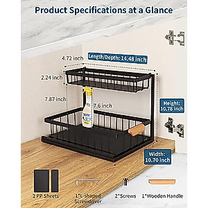 Zyerch 2 Pack Under Sink Organizer,Metal Pull Out Kitchen Cabinet Organizer with Sliding Drawer,Sturdy Multi-Functional for Bathroom Organization,Black