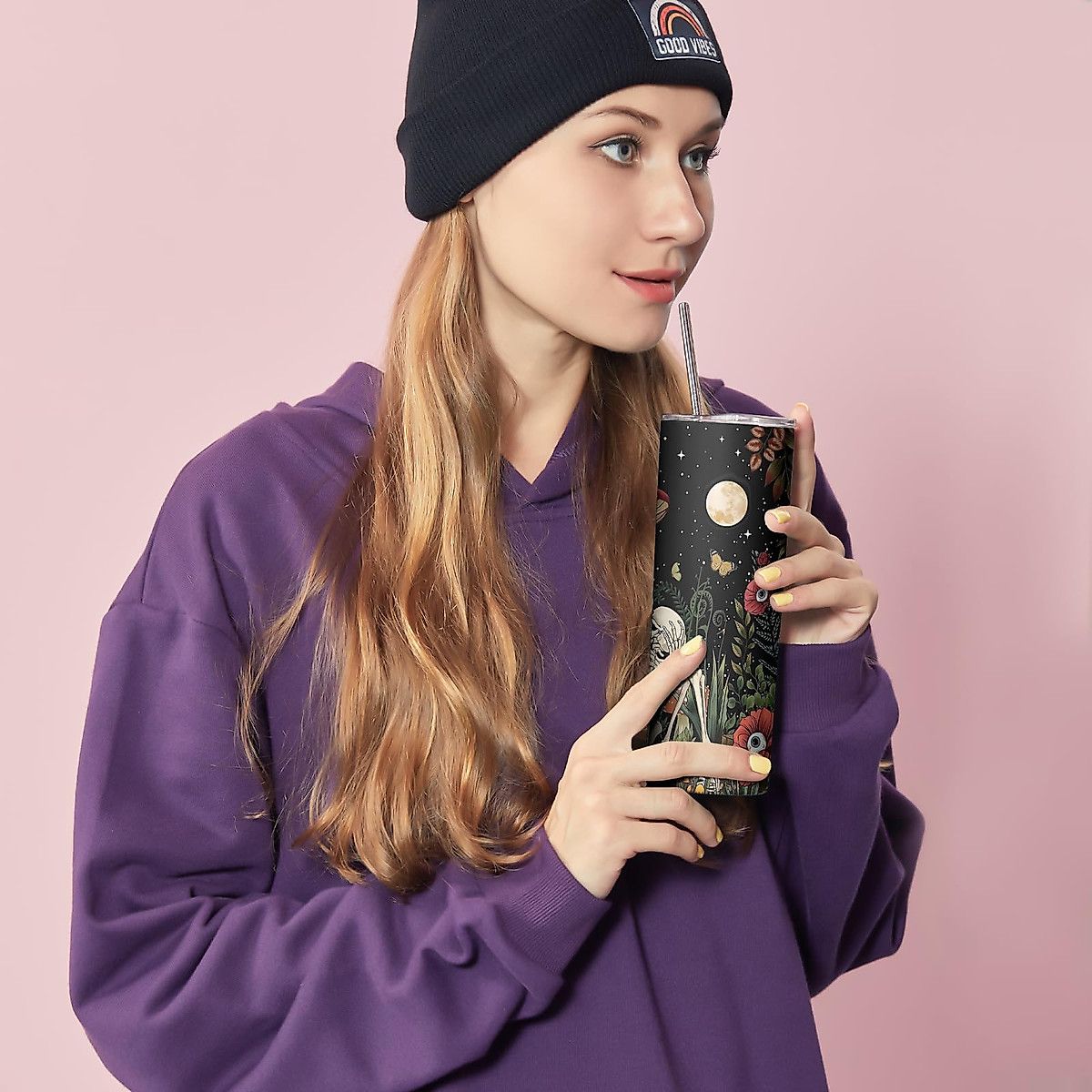 thmasamwr Mushroom Skinny Tumbler With Straw and Lid, Stainless Steel 20oz Insulated Coffee Travel Mug, Skeleton Mushroom Cups for Goth Mushroom Lovers Gifts for Women and Girls