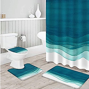 4 Pcs Shower Curtain Set with 12 Hooks Watercolor Teal and White Gradient Bathroom Sets with Non-Slip Bath Mat Toilet Lid Cover Waterproof Durable Shower Curtain and Rugs