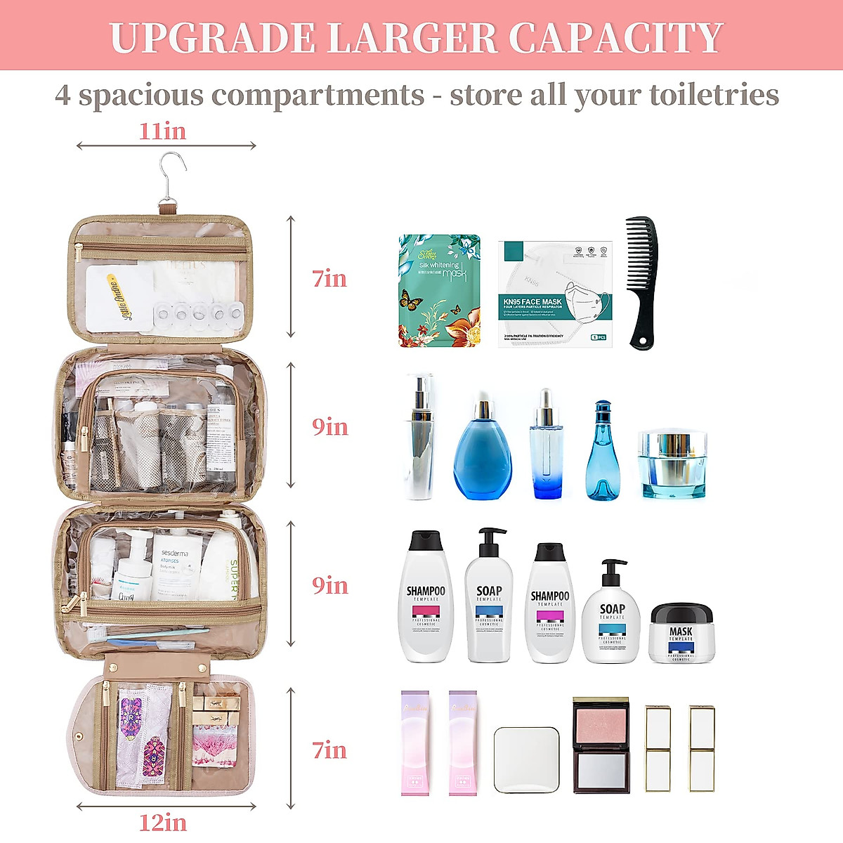 YAMIU Toiletry Bag for Women, Travel Toiletry Bag with 5 Spacious Compartments & 360° Rotatable Stainless-steel Hook, Water-resistant Hanging Toiletry Bag for Toiletries, Cosmetics