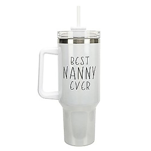Elanze Designs Best Nanny Ever Childcare Au Pair 40 oz. Stainless Steel, Large Water Bottle Coffee Mug, Spill & Leak Resistant, Thermal Travel Tumbler with Handle, Lid & Straw, White Shimmer