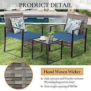 Seogwisam 3 Pieces Patio Furniture Set, Outdoor Wicker Conversation Bistro Set w/ 2 Chairs, 2 Cushions, Glass Coffee Table for Garden Balcony Backyard Porch Lawn - Grey Wicker & Blue Cushions