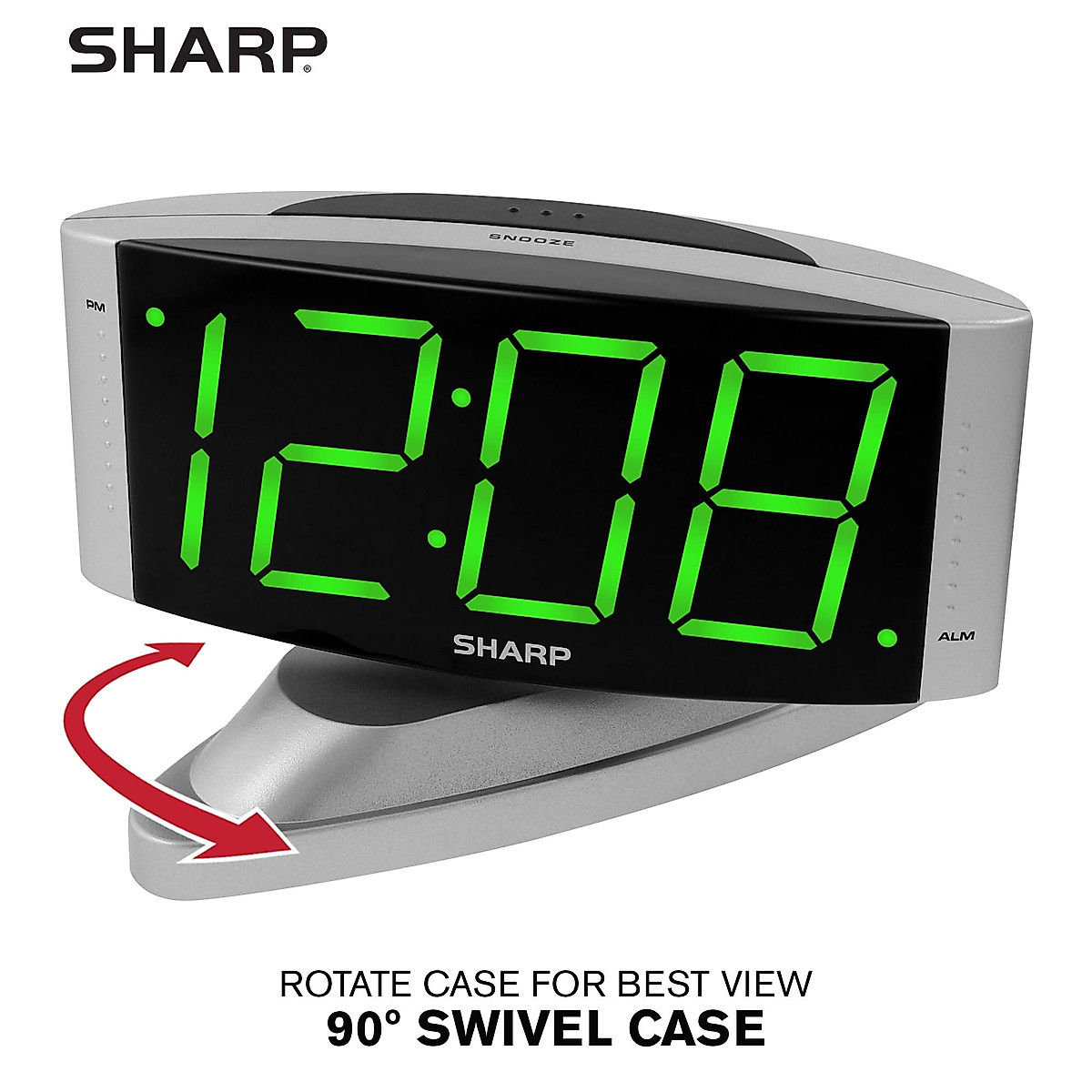 SHARP Home LED Digital Alarm Clock – Swivel Base - Outlet Powered, Simple Operation, Alarm, Snooze, Brightness Dimmer, Big Green Digit Display, Silver Case