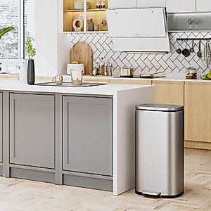 finetones Trash Can, Stainless Steel Garbage Can with Silent Lid, Durable Pedal & Inner Bucket, Pedal Garbage Bin for Kitchen Inside Outside (30L, Silver)