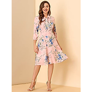 Allegra K Women's Floral Tie Neck 3/4 Sleeve Office Work Midi Flowy Flare Dress Large Pink
