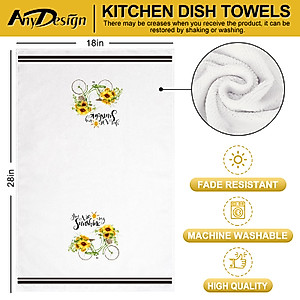 AnyDesign Sunflower Kitchen Dish Towel 18 x 28 Inch Seasonal Watercolor Flower Bicycle Cloth Tea Towel White Black Stripes Spring Summer Farmhouse Decorative Hand Towel for Kitchen Home Cooking, 2Pcs