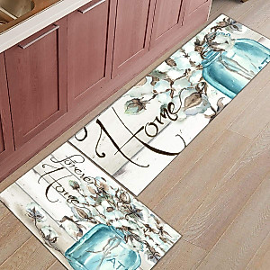 Infinidesign 2 Piece Kitchen Mat Non-Slip Floor Mat Super Soft Indoor Rugs Bathroom Area Rugs Doormat Runner Rug Set Carpet,Forever Home Mason Jar Floral (15.7"x23.6"+15.7"x47.2" inches)