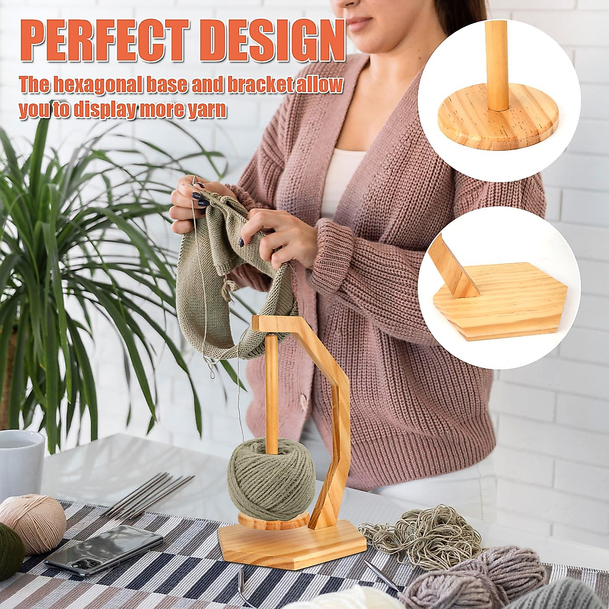 Magnetic Yarn Ball Holder, Smooth Rotation Wooden Yarn Spinner Stand Yarn Holder for Knitting and Crocheting Yarn Organizer Gifts for Crochet DIY Craft Lovers (Burlywood)