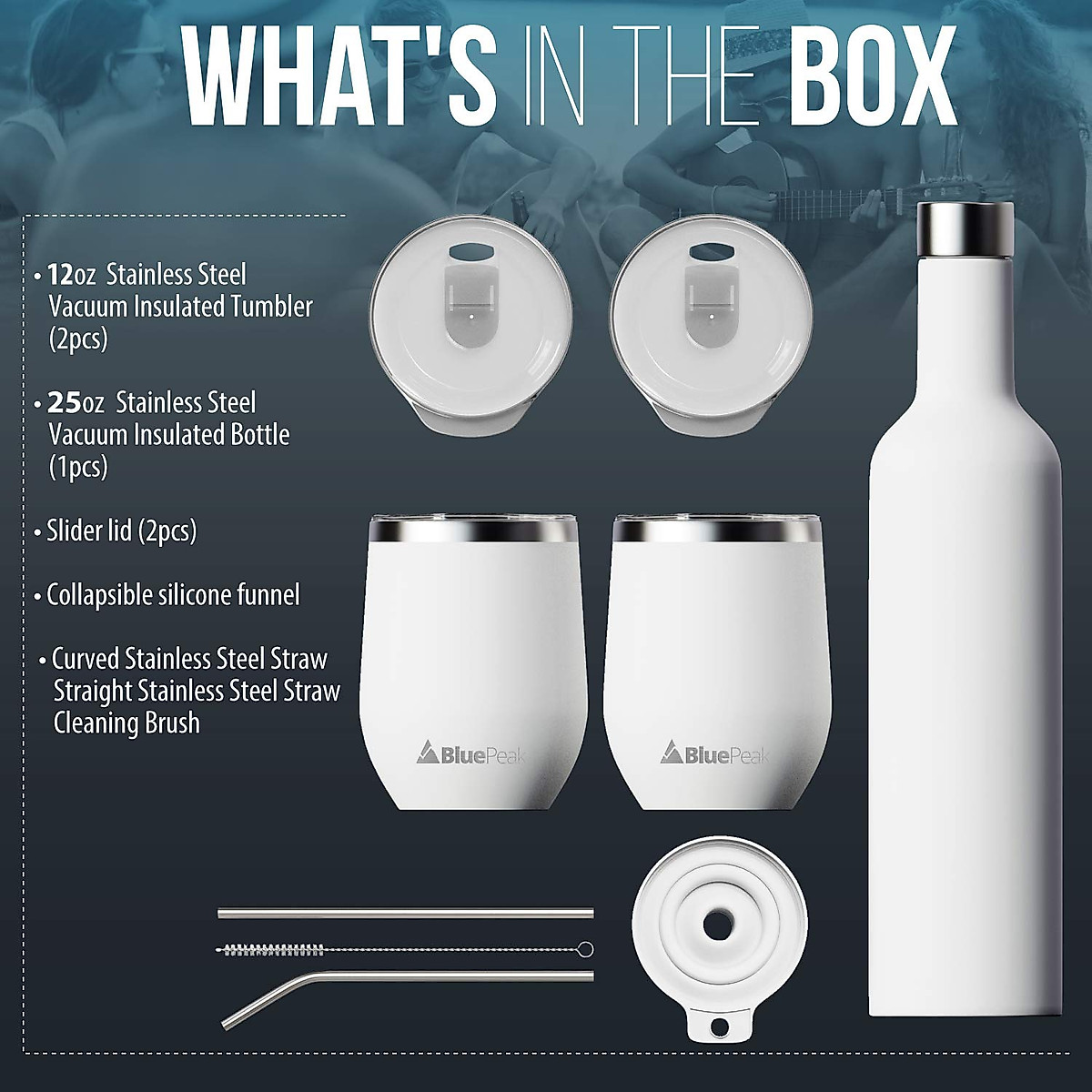 BluePeak Double Wall Vacuum Stainless Steel Insulated Wine Tumbler Set, 3-Pack - Includes Spill-Proof Sliding Lids, Straws, Cleaning Brush, Silicone Funnel & Gift Box - Travel Drinking Set (White)