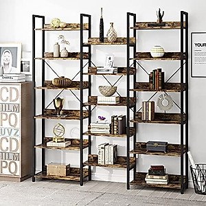 PAKASEPT 6-Shelf Corner Bookshelf, Triple Wide 6-Tier Bookcase, Large Modern Corner Shelf with Metal Frame, Open Bookshelves for Living Room Home Office, Rustic Brown
