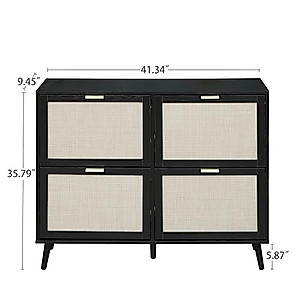 ZeHuoGe Large Rattan Shoe Cabinet with 4 Flip Drawers, Black 2-Tier Shoe Rack Boho Storage Cabinet for Heels, Boots, Slippers, Free Standing Shoe Rack, Entrance Hallway (Black)