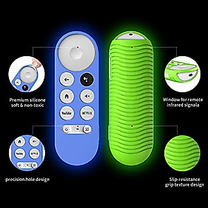 [4Pcs]Protective Case Compatible for Chromecast with Google TV Remote Control, Alquar Shockproof Silicone Skin for Google TV 2020 Voice Remote, Anti-Lost with Loop (red+dark blue+glow blue+glow green)