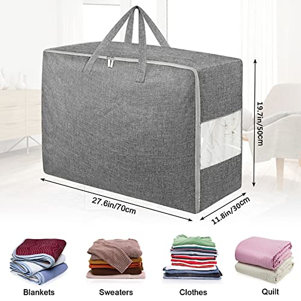 2Pack 105L Extra Large Storage Bags, Folding Moving Comforter Blanket Storage Bags Closet Organizers and Storage Containers for Clothes with Strong Handles&Zippers Clear Window for Bedding Pillow Grey