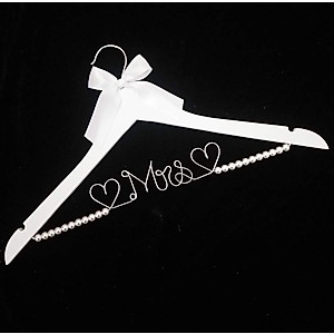 Bridal Dress Hanger Solid Wood Dress Hangers Mrs Letter Hanger Wedding Gift (White Coat Hanger Silver Thread Pearl)
