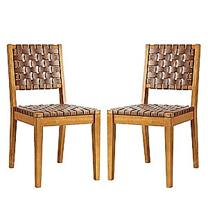 Amazon Brand – Rivet Faux Leather Woven Dining Chair with Wood Frame, Set of 2, 18"W, Brown