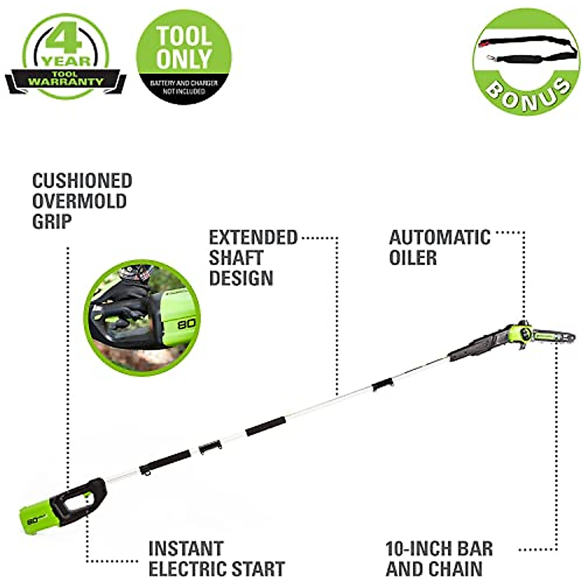 Greenworks Pro 80V 10 inch Brushless Cordless Polesaw, Tool Only, PS80L00