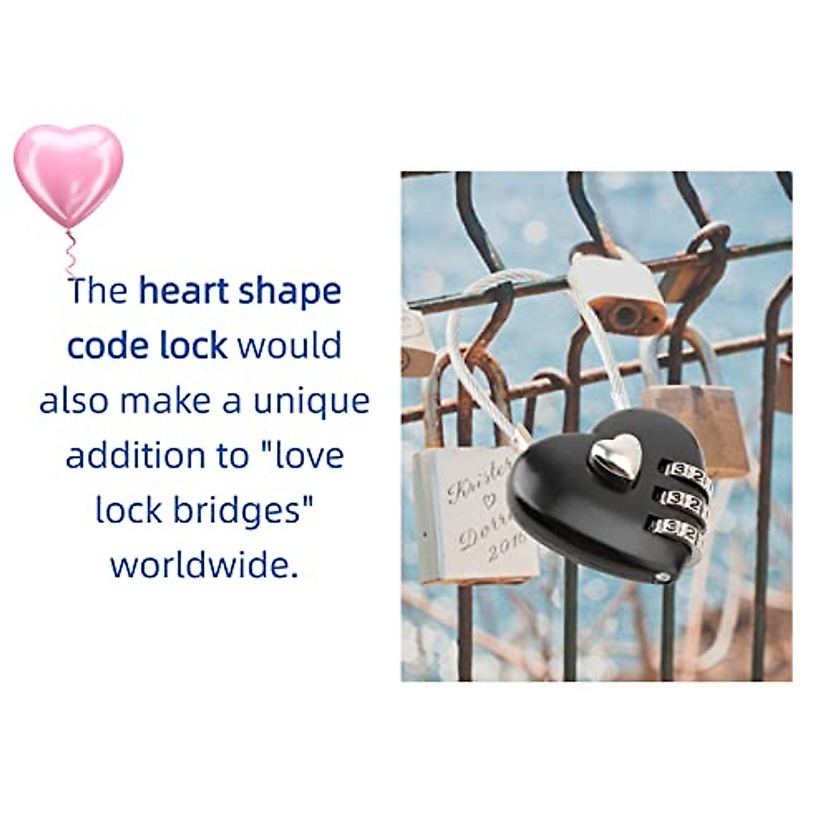 Heart Shape Code Lock Compact Mini Size with 3 Digit Code Combination for Luggage, Backpack, Jewelry Box, Hall Locker(Black)