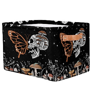 OMFUNS Skull Butterfly Storage Basket, Mushroom Star Foldable Storage Bin with Handle Fabric Rectangular Storage Box Organizer for Closet Shelf Home Office Nursery Toy Basket, 1 Pack