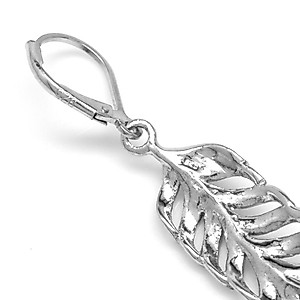 Silvershake White Gold Plated 925 Sterling Silver Feather Leverback Dangle Earrings