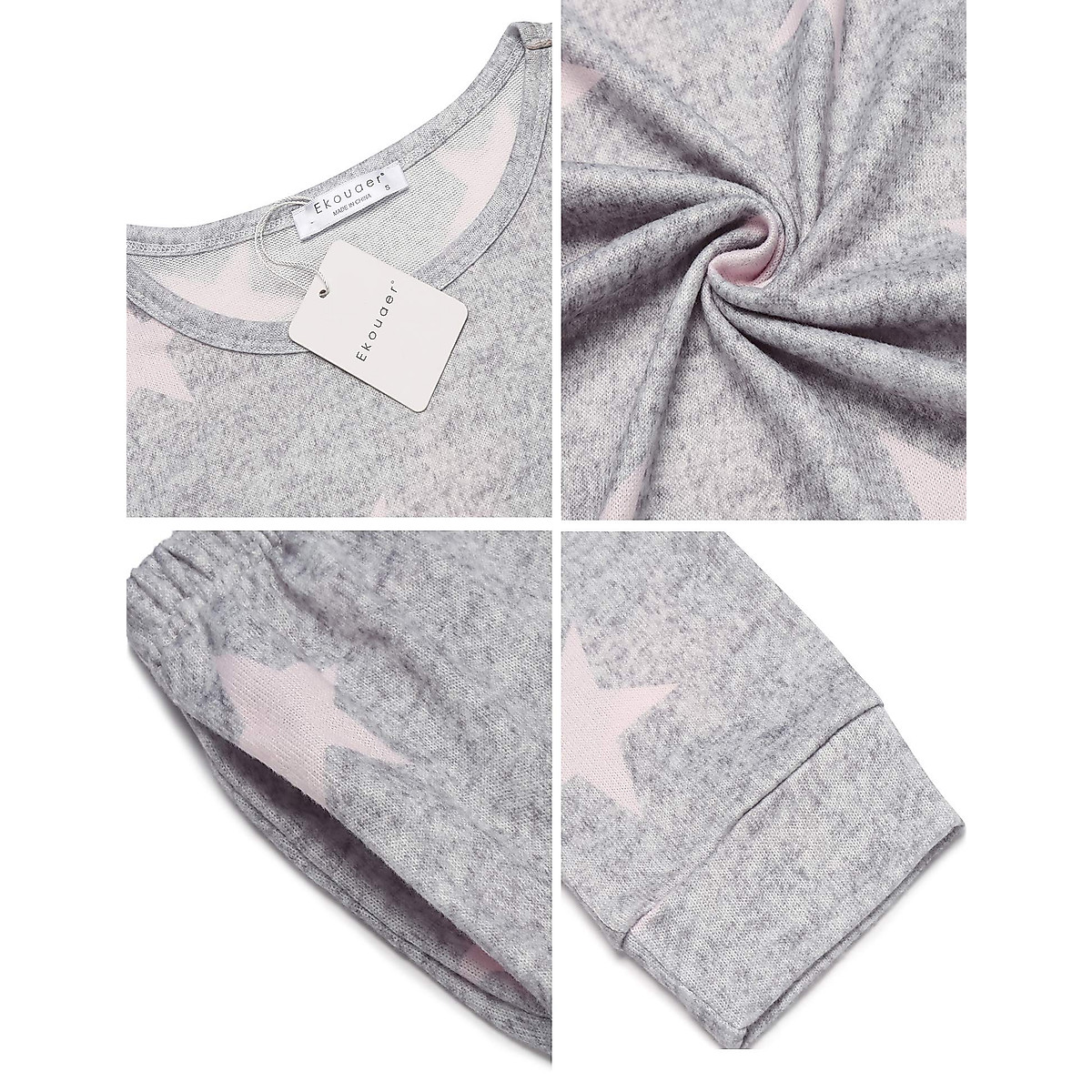 Ekouaer Womens Pajama Set Long Sleeve Sleepwear Star Print Nightwear Soft Pjs Lounge Sets with Pockets light Grey Pink Star XX-Large