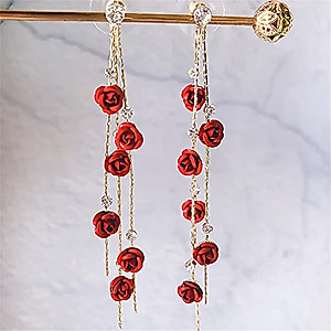 ANDPAI Unique Chic Long Tassel Chain Red Purple Rose Flower Dangle Drop Stud Earrings with White Sparkly Crystal for Women Statement Jewelry Gifts (Red)