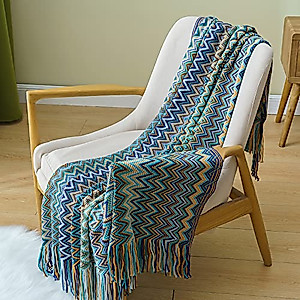 MIULEE Boho Knitted Throw Blanket with Tassel Knit Woven Wave Fringe Crochet Blanket Soft Lightweight Decorative Bohemian Blanket Afghan Hippie Outdoor Warm Throw for Sofa Bed Couch, 50 x 60 Blue