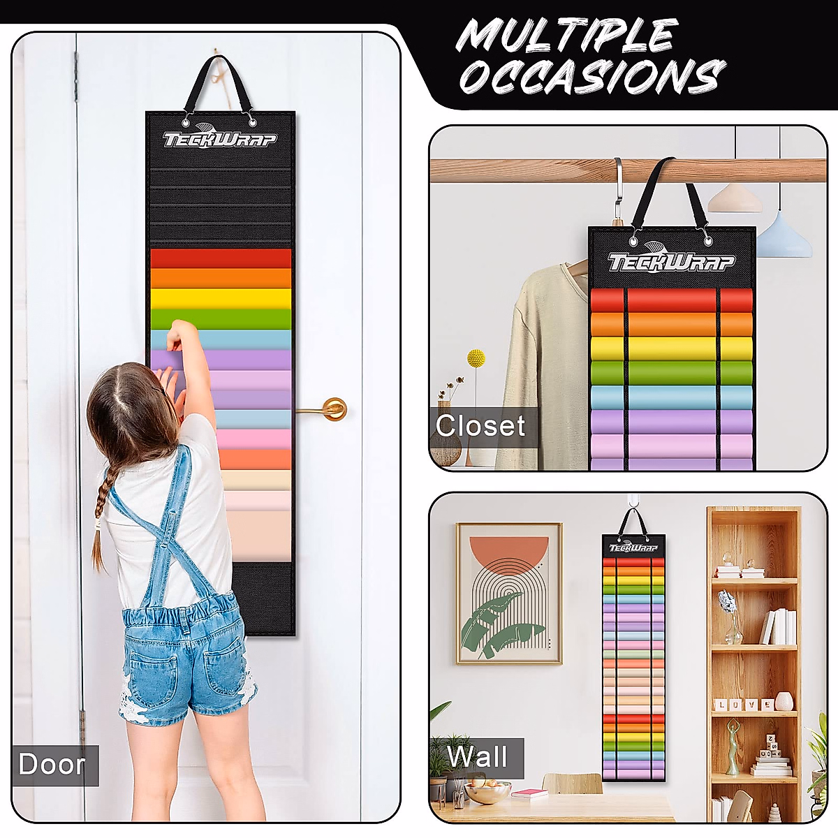 TECKWRAP Vinyl Roll Holder, Vinyl Roll Storage Organizer Black Double-sided Wall-mount with 44 Compartments Craft Vinyl Storage Organizer