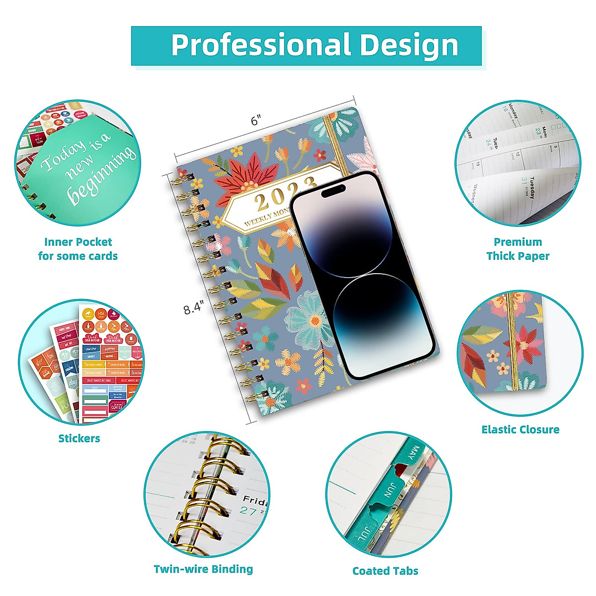 Ymumuda 2023 Planner, Weekly Monthly Planner 2023, 12-Month School Planner from JAN.2023 to DEC.2023, 8.4" X 6", Spiral Planner Notebook with Stickers, Elastic Closure, Inner Pocket, Coated Tabs, Grey Embroidery Floral