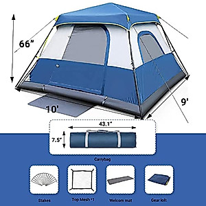 6 Person Tent, Tents for Camping,6 Person 60 Seconds Set Up Camping Tent, Waterproof Pop Up Tent with Top Rainfly, Instant Cabin Tent, Advanced Venting Design, Provide Gate Mat