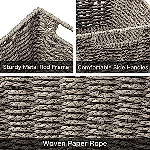 EZOWare 3 Durable Paper Rope Woven Storage Baskets, Braided Multipurpose Organizer Bins with Handle for Kids Baby Closets, Room Decor, Dog Cat Toys, Gift Baskets Empty - Gray