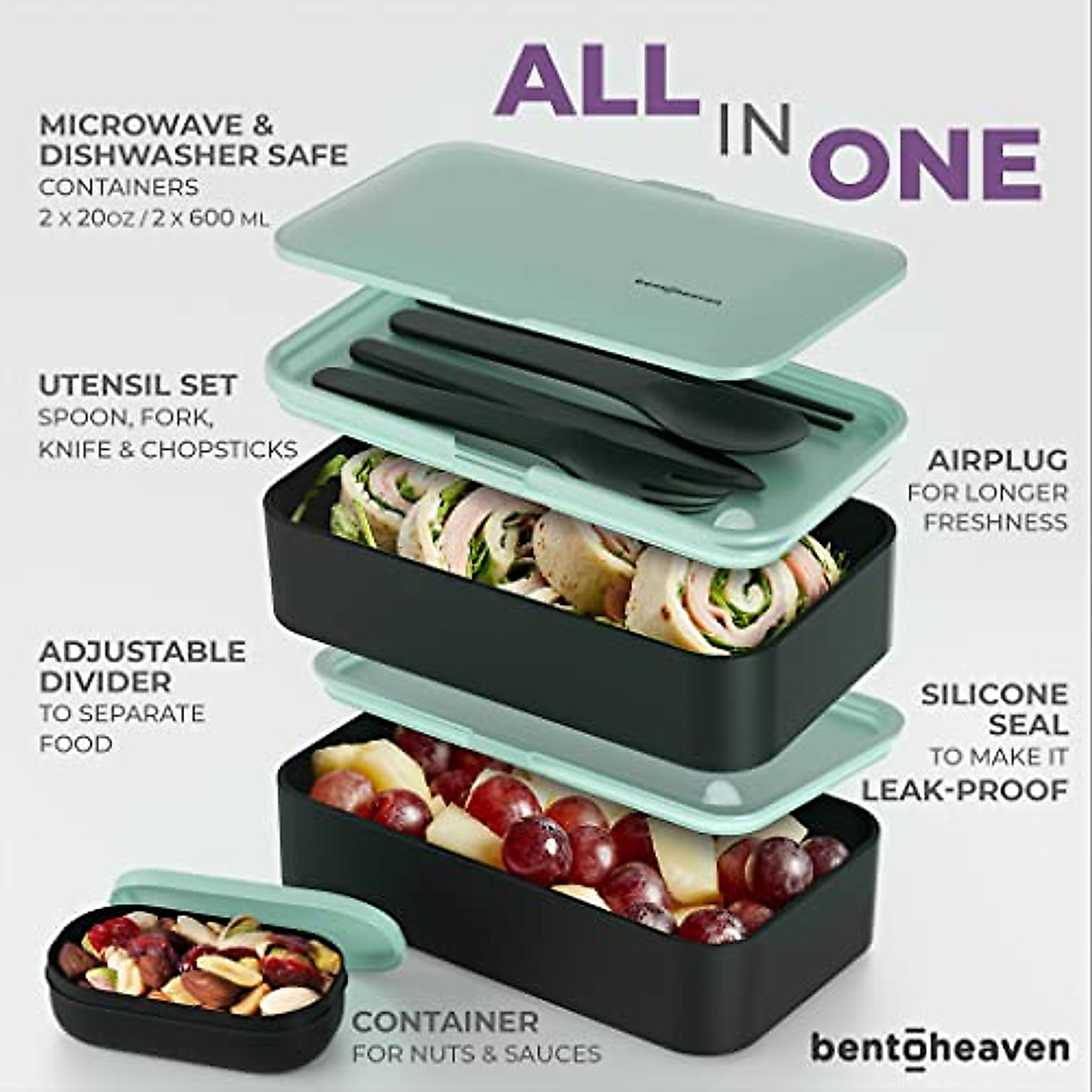 Bentoheaven Premium Bento Box Adult Lunch Box with 2 Compartments (40oz), Cutlery & Set of Chopsticks, Large Dip Container, Cute Black Japanese Bento Box, Rectangle, Microwavable (Billie Green)