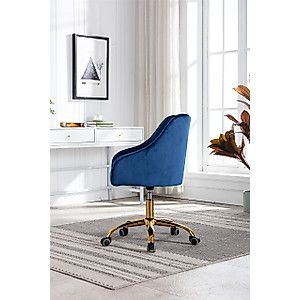 Warmiehomy Velvet Desk Chair with Wheels, Gold Base Office Chair Adjustable Ergonomic Computer Chair Tufted Back Swivel Vanity Chair for Office Living Room Bedroom,Navy