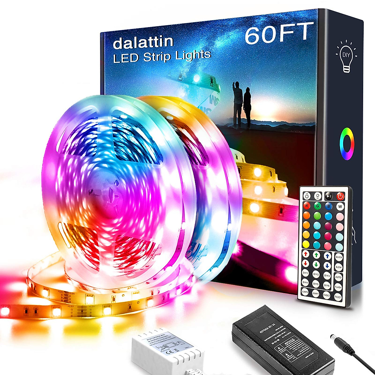 dalattin 60ft Led Lights, Led Strip Lights for Bedroom Color Changing Lights with 44 Keys Remote Controller Led Strip Lights,2 Rolls of 30ft