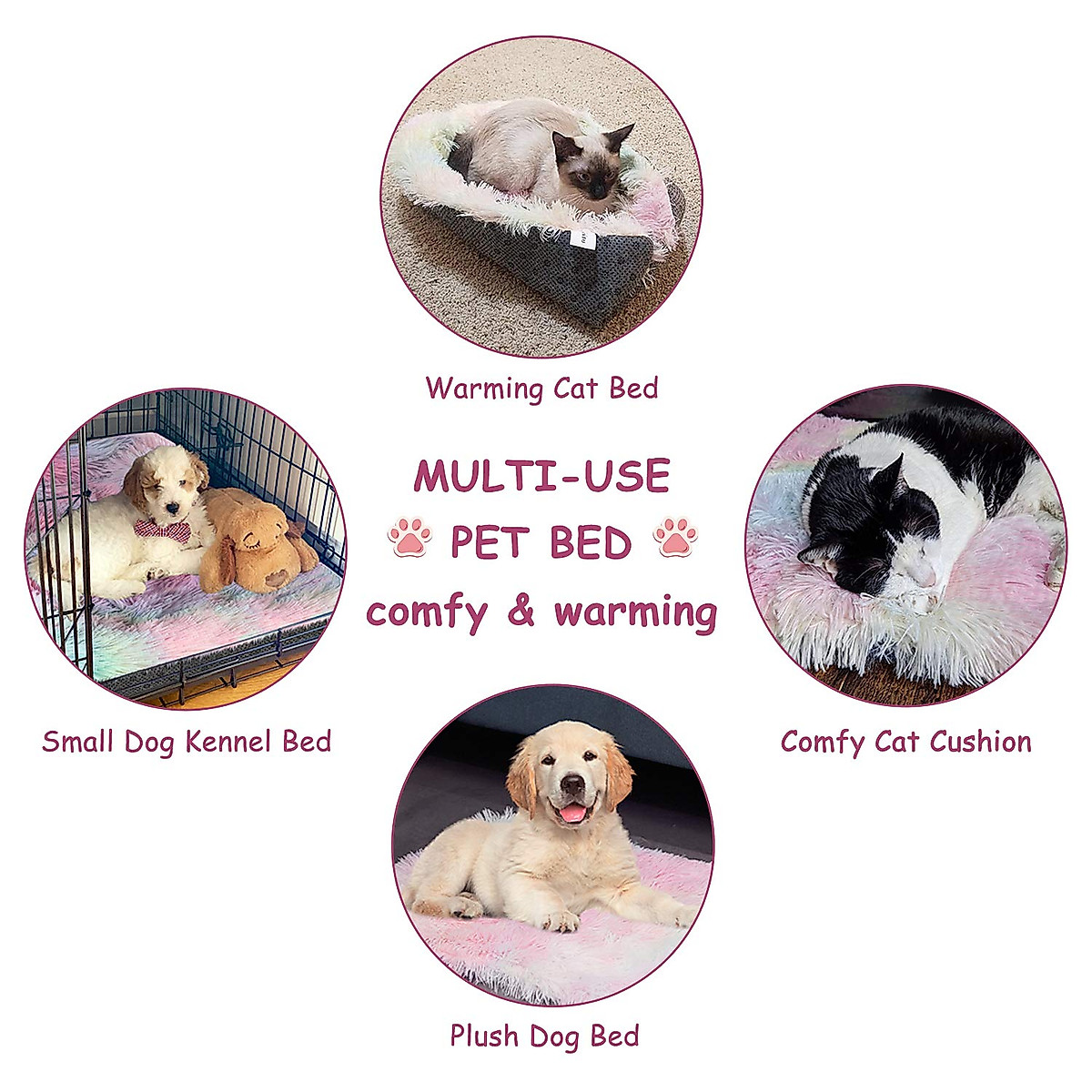 Chintu Rainbow Pet Bed Mat, Washable, Faux Fur, 24 x 20 Inches, for Small Medium Dogs and Cats, 2-in-1 Design