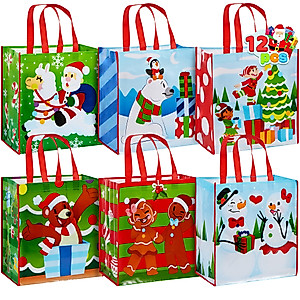 JOYIN 12 Christmas Tote Bags, 13.5"x8"x4" Extra-large Reusable Bags Non Woven Xmas Gift Wrap Bags with Handles for Holiday Party Favor Supplies, Xmas Grocery Shopping Bags