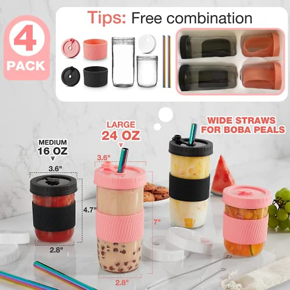 Mfacoy (4 Pack x 2 Size Boba Cup, 24oz & 16oz Bubble Tea Cup, Smoothie Cups with Lids and Stainless Straws, Reusable Boba Cup, Wide Mouth Mason Jar Drinking Glasses with Silicone Sleeve for Travel