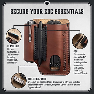 Made in USA Leather EDC Pouch | Leather Multitool Sheath/Holster for Men | Belt Clip/Pocket Organizer for Leatherman, Gerber & SOG Multitools | Knife/Multi Tool & Flashlight & Pen Holder