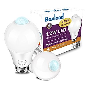 Motion Sensor Light Bulbs, PIR Movement Activated Dusk to Dawn Outdoor Light Bulb Auto on/off 12W (100Watt Equivalent) A19 E26 6000K Cool White for Front Door Porch Garage Basement Hallway 2Pack