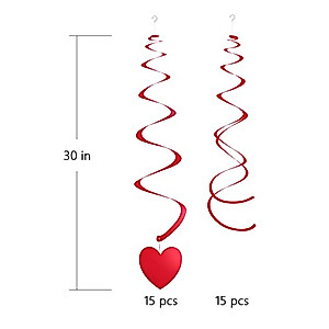 Red Heart Hanging Swirls Party Streamer Spiral Decorations for Wedding Valentine's Day Mother's Day, Pack of 30
