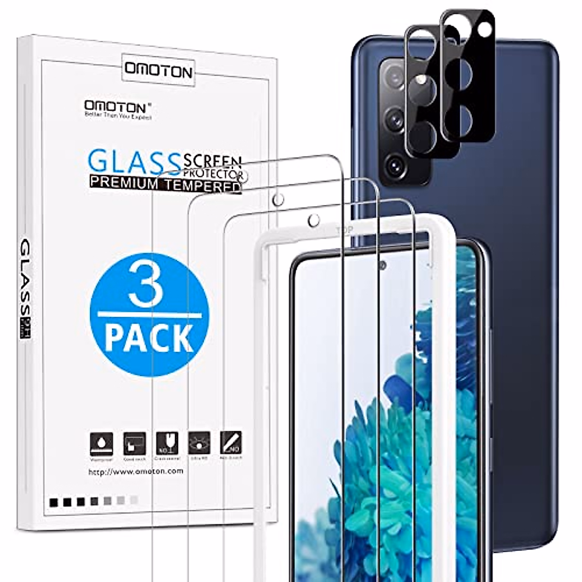 OMOTON [3+2 Pack] Samsung Galaxy S20 FE 5G Screen Protector & Camera Lens Protector, Tempered Glass/Guide Frame/High Definition/9H Hardness